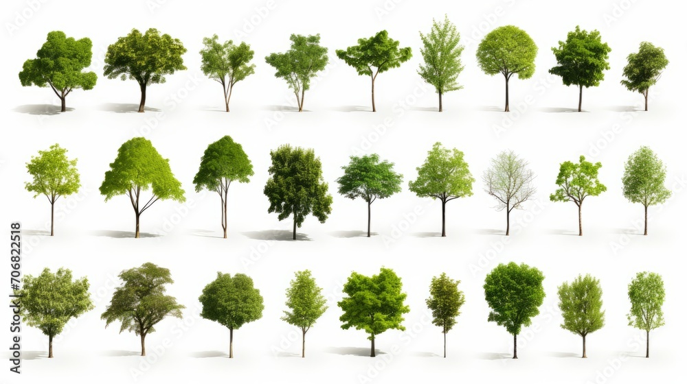 Set of green trees isolated on white background. Different kinds of ...
