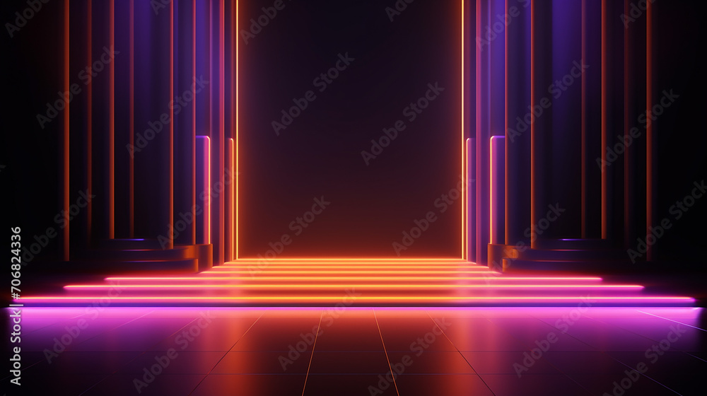 vertical light stage with neon lights pedestal podium dark abstract sci ...
