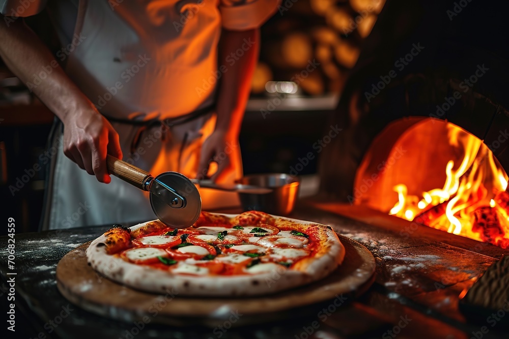 Chef hands using pizza cutter knife over hot italian pizza. Fast food ...