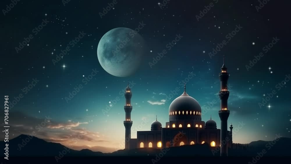 mosque dome on dark blue twilight sky and crescent. beautiful islamic ...