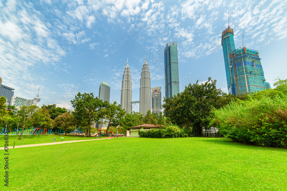 Awesome view of the KLCC Park and Petronas Twin Towers Stock Photo ...