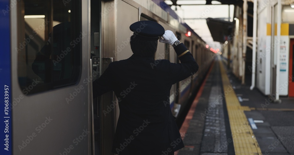Train, platform and conductor at station for travel, commute and ...