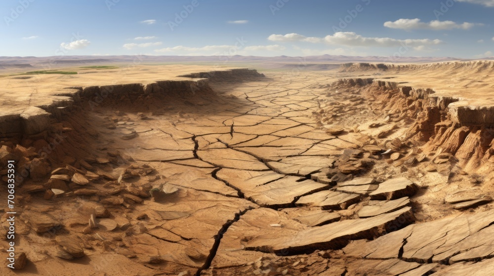 A panoramic view of an earthquakeravaged terrain, with distinct fault ...