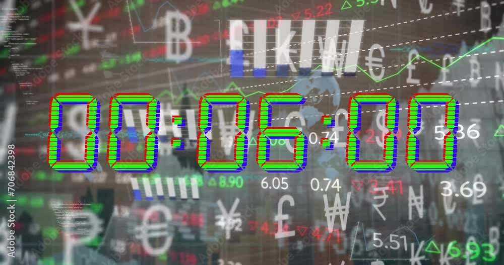 Animation of diagrams, currency symbols and stock market with countdown ...