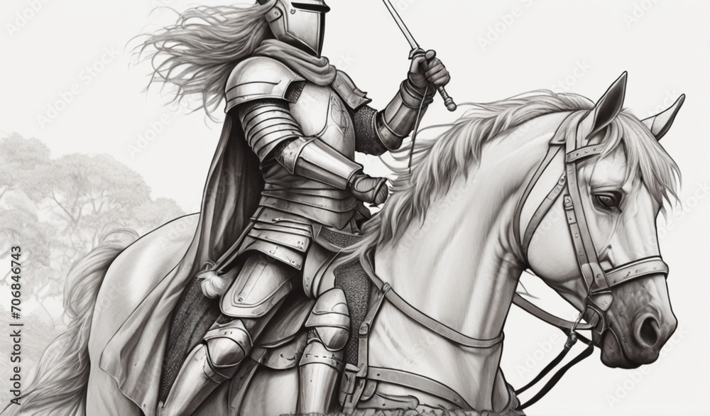 coloring page, knight, anime, line art, simple details, simple line art ...