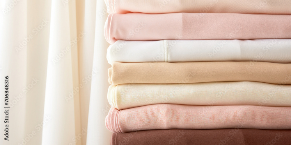 A neatly stacked selection of textile fabrics in a soft pastel color ...