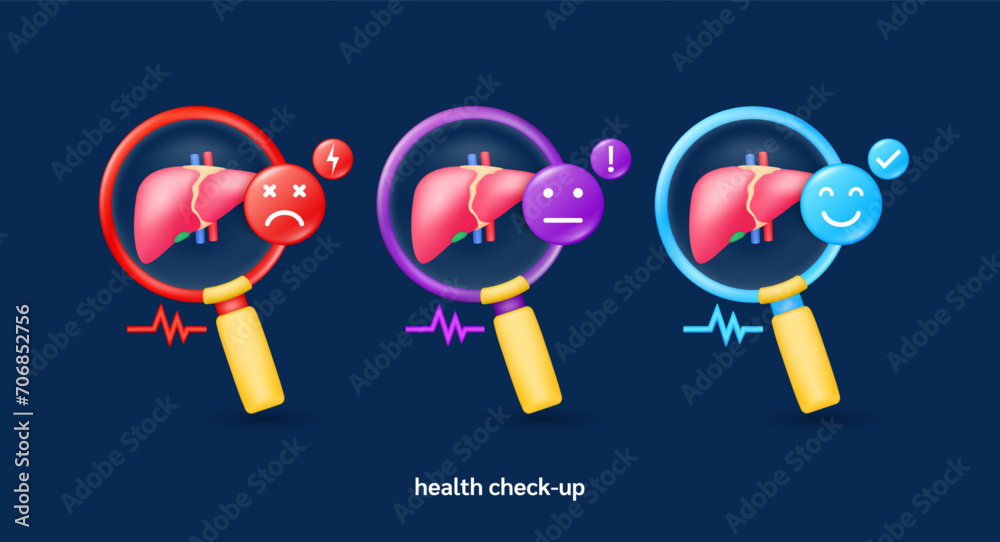 Liver in magnifying glass looking diagnose with icon sadly face worried ...