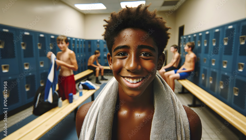 Freshman boys in the gym locker room after a sports game at school ...
