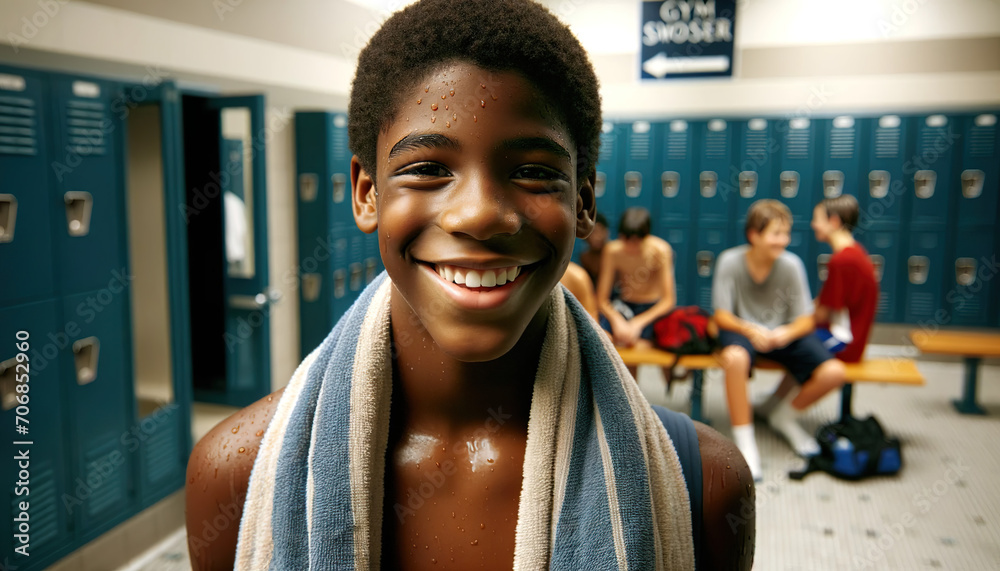 Freshman boys in the gym locker room after a sports game at school ...