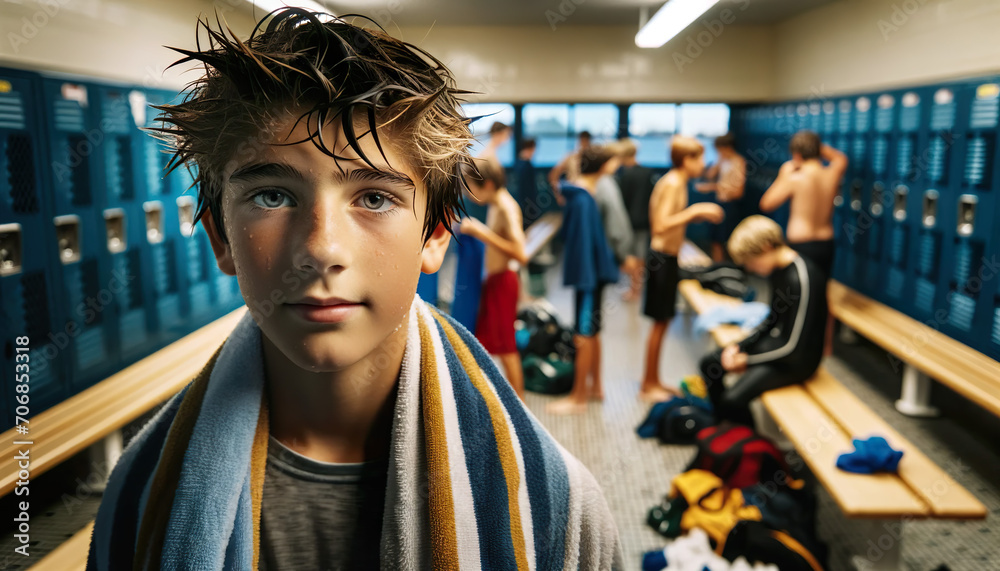 Freshman boys in the gym locker room after a sports game at school ...