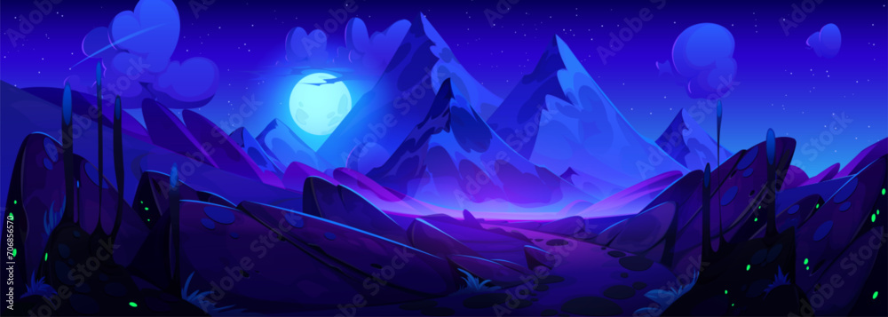 Night mountain landscape with path leading to rocky hills under starry ...