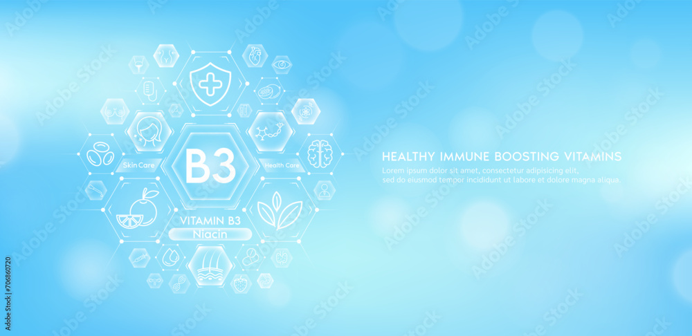 Vitamin B3 or Nicotinic Acid with medical icons. Vitamins minerals from ...