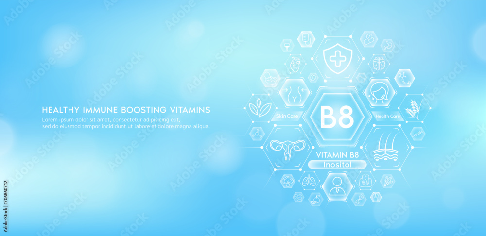 Vitamin B8 or Inositol with medical icons. Vitamins minerals from ...