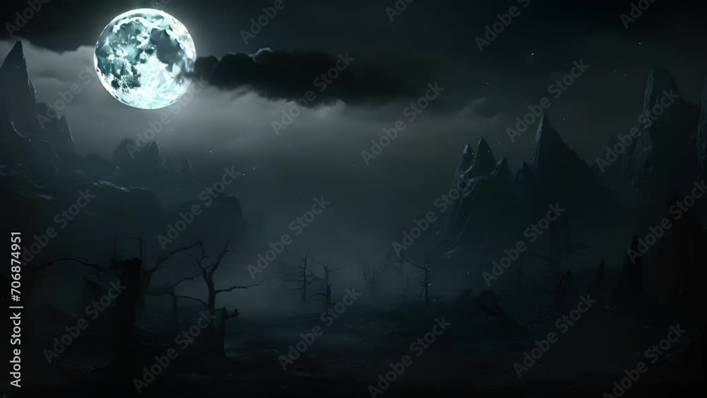 An ominous full moon glimmering behind a blanket of dark billowing ...