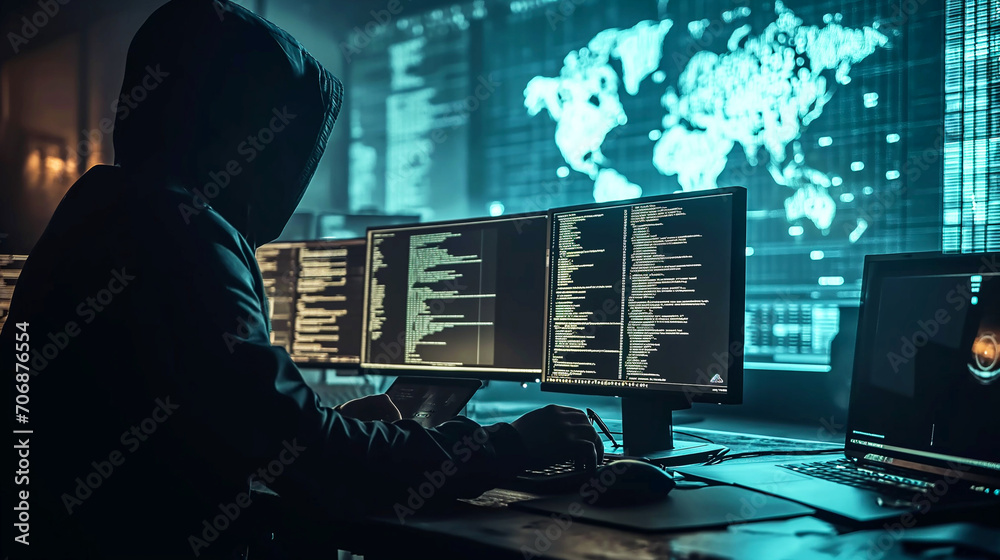 person in a hoodie is working at a desk with multiple monitors ...