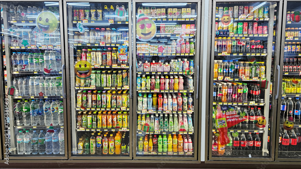 Drink products in supermarket Variety of drinks on shelves in ...