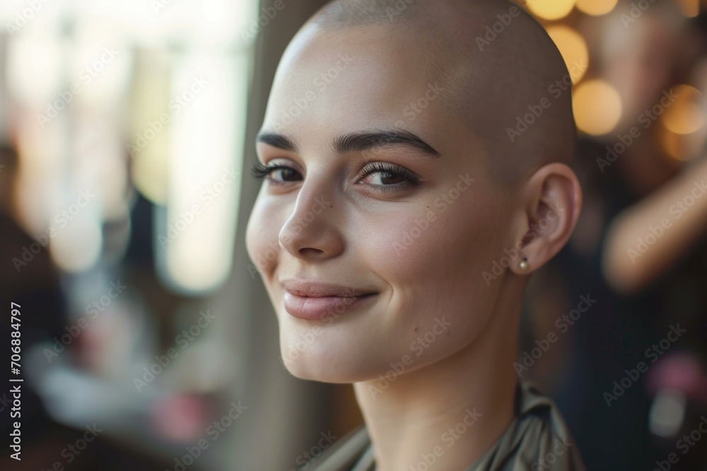 A close-up view of a person with a shaved head. This image can be used ...