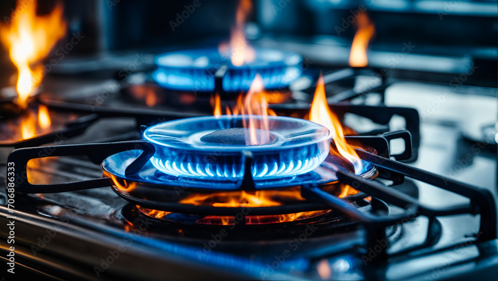 Kitchen gas stove burner with blue flame transparency, Horizontal ...