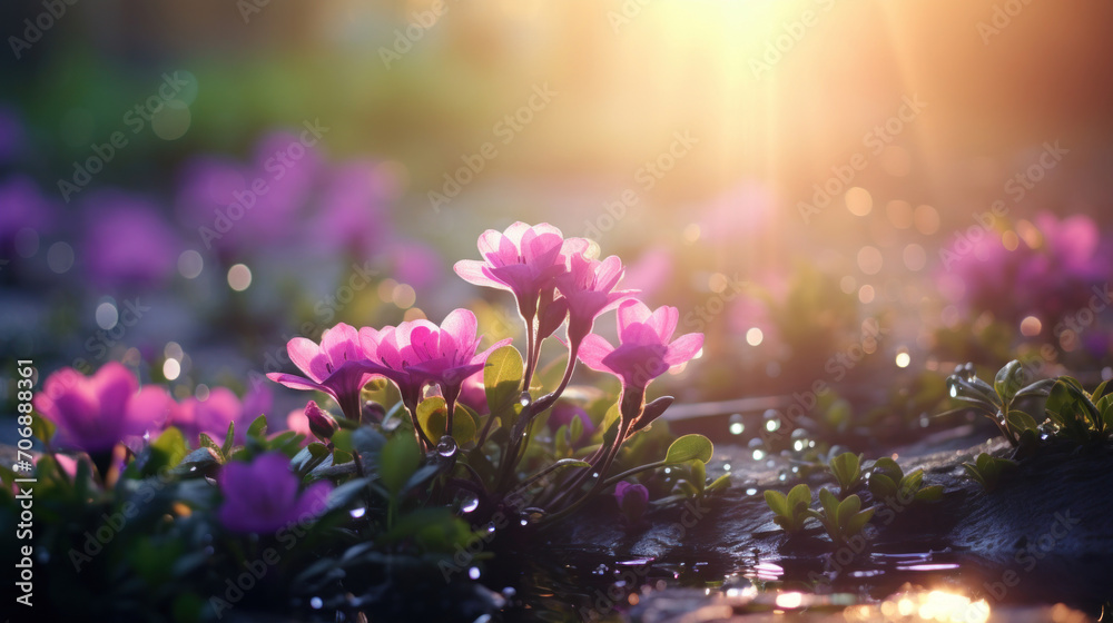 Cluster of pink flowers emerging from water, highlighted by the radiant ...