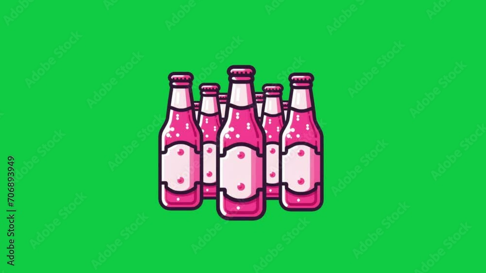 Animated of refreshment with five pink soda bottles against a bright ...