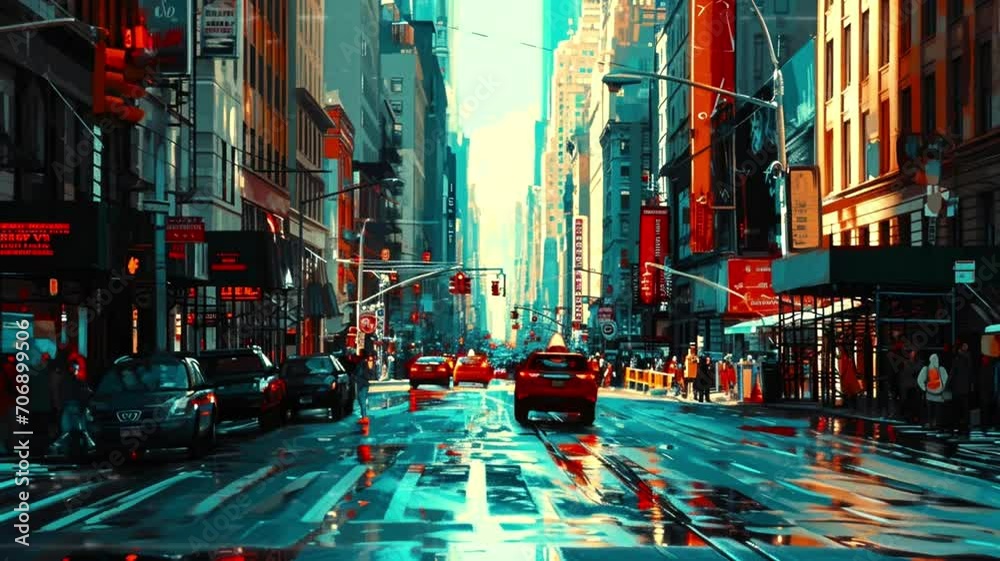 bustling city street, loop video background animation, cartoon anime ...