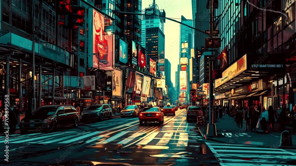 bustling city street, loop video background animation, cartoon anime ...