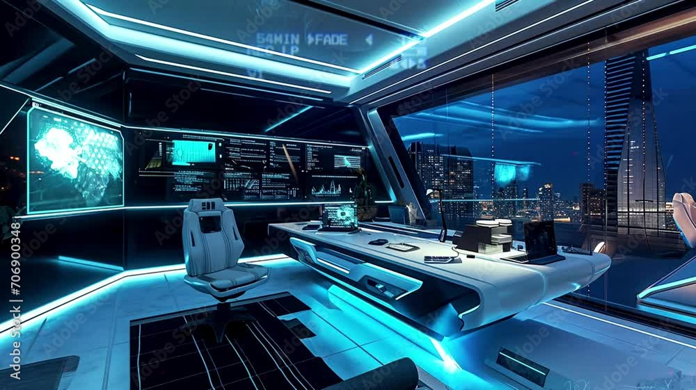 futuristic home office with a floating desk and holographic displays ...
