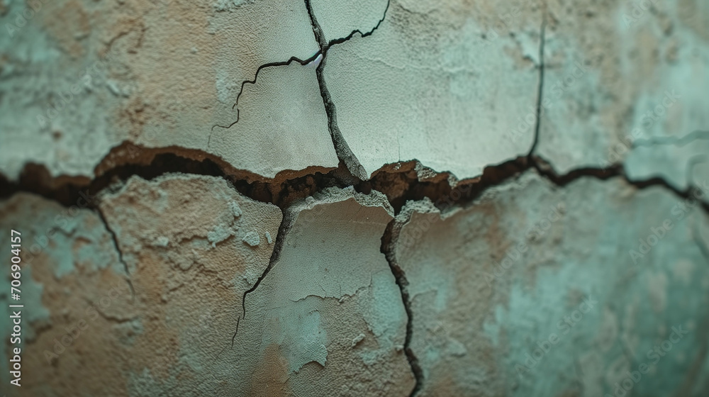 A large crack on the wall of an old house, crumbling plaster and broken ...