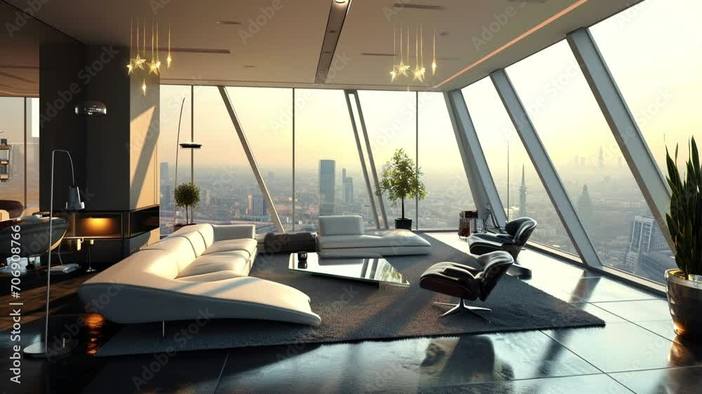 Vidéo Stock minimalist living room with floor-to-ceiling window, loop ...