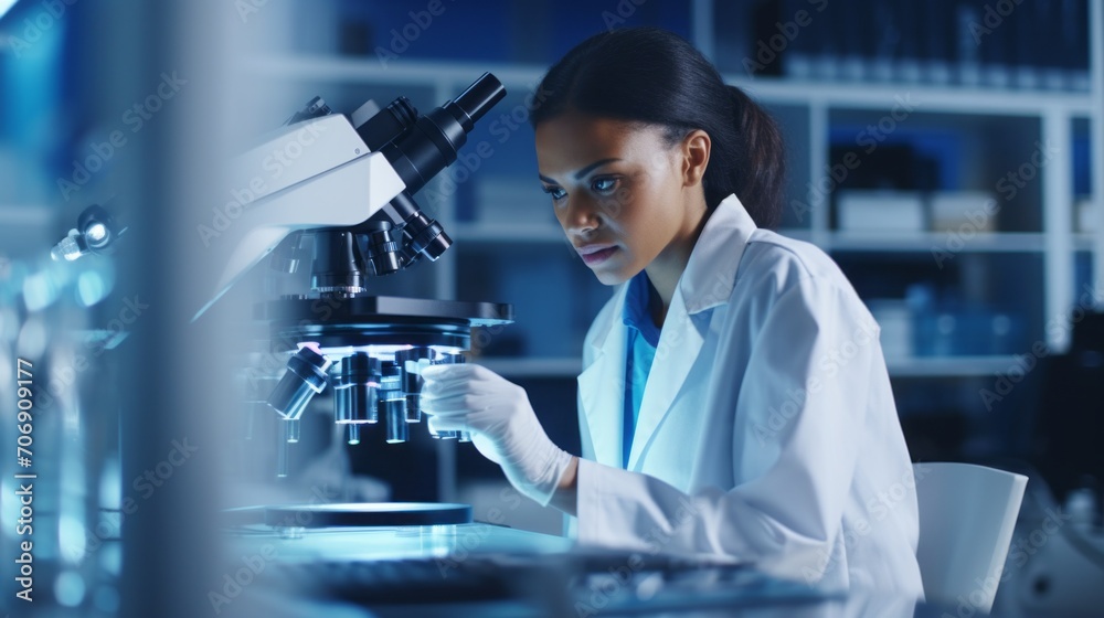 A beautiful black female scientist wearing a white lab coat studies ...