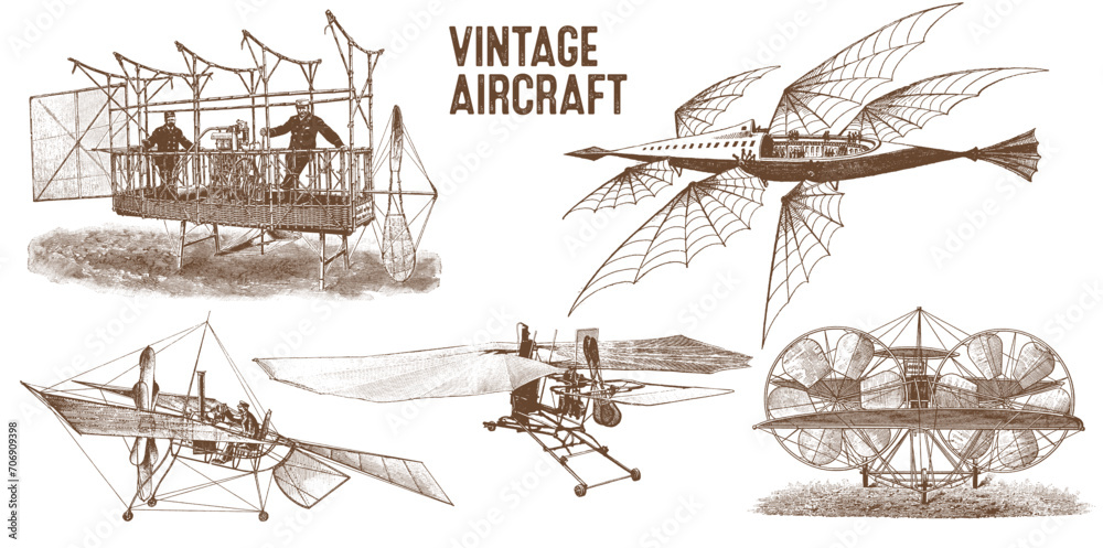 Engraved Airplane. Air Transportation in Vintage Style. Hand Drawn ...