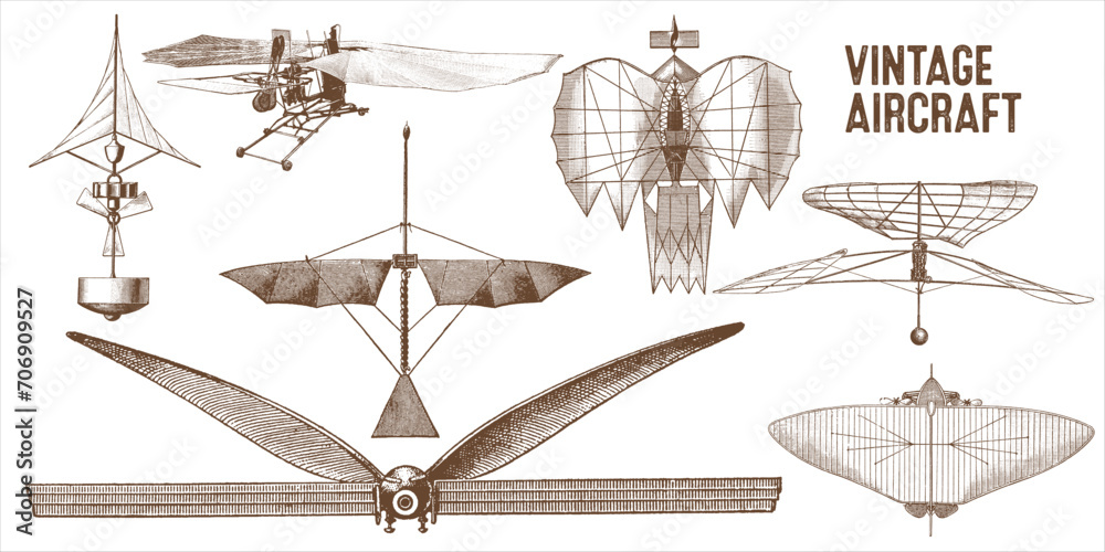 Engraved Airplane. Air Transportation in Vintage Style. Hand Drawn ...