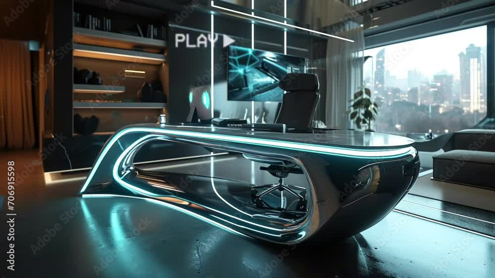 futuristic home office with a floating desk and holographic displays ...