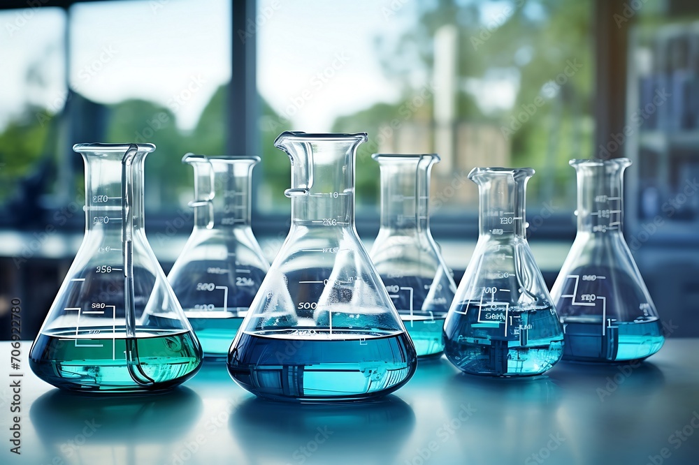 Flask test tubes with chemical laboratory tests stand on a glass table ...