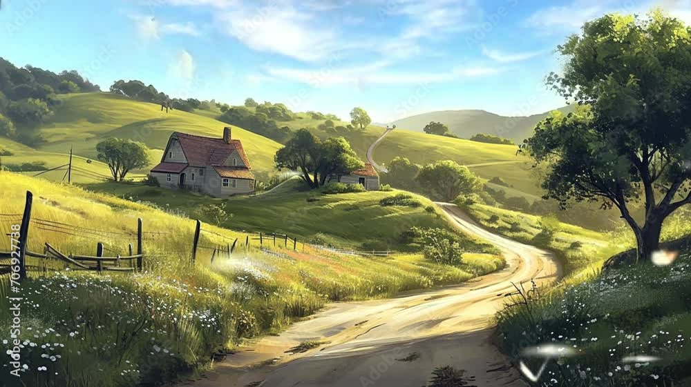 countryside with rolling hills loop video background animation, cartoon ...