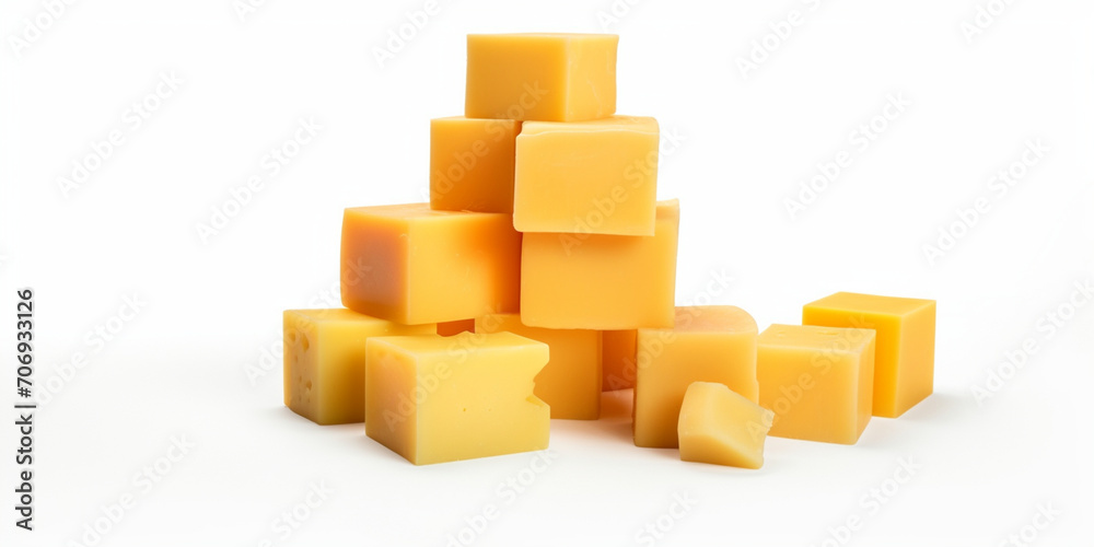 pieces of cheese on a white background,Cheddar cheese cubes, pile ...