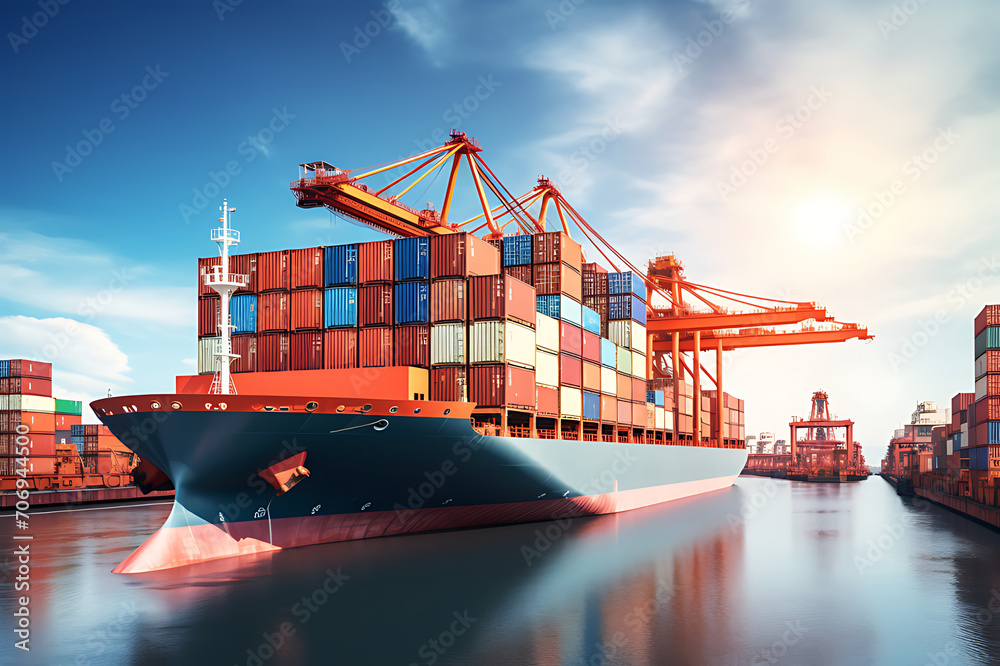 Container ship carrying container boxes import export dock with quay ...