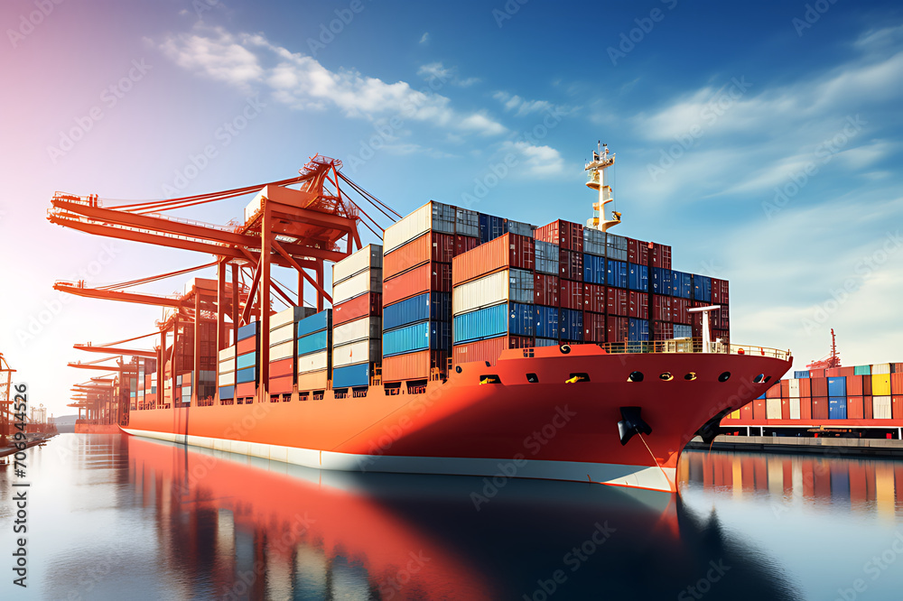 Poster Container ship carrying container boxes import export dock with ...