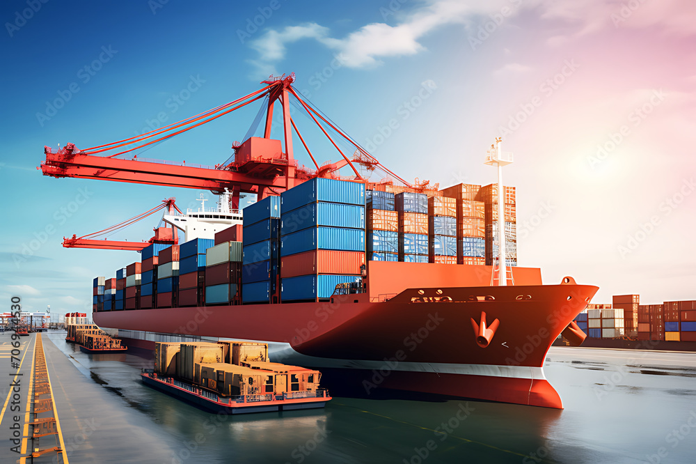 Container ship carrying container boxes import export dock with quay ...