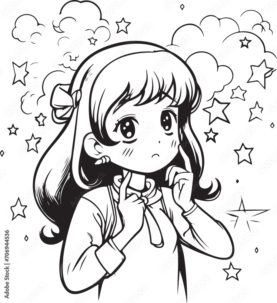 cute cartoon anime girl coloring page illustration generative ai Stock ...