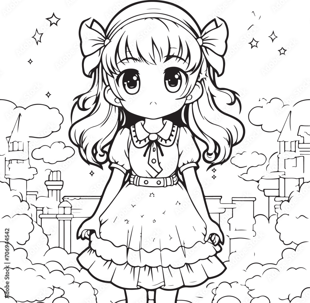 cute cartoon anime girl coloring page illustration generative ai Stock ...