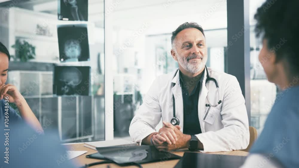 Happy man, doctor and handshake in meeting for teamwork, agreement or deal together at hospital ...