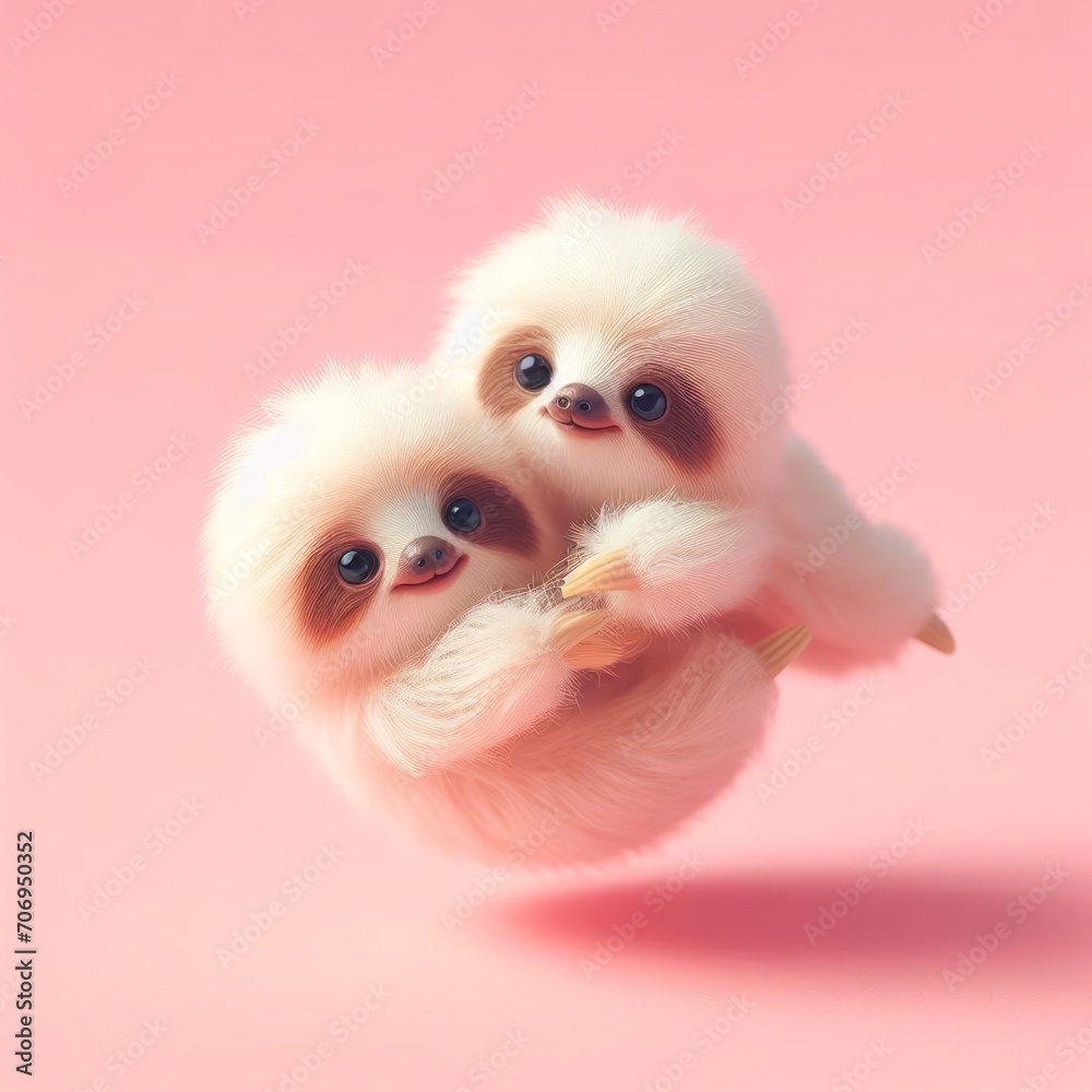 Couple of cute fluffy white baby sloth toys soaring on a pastel pink ...