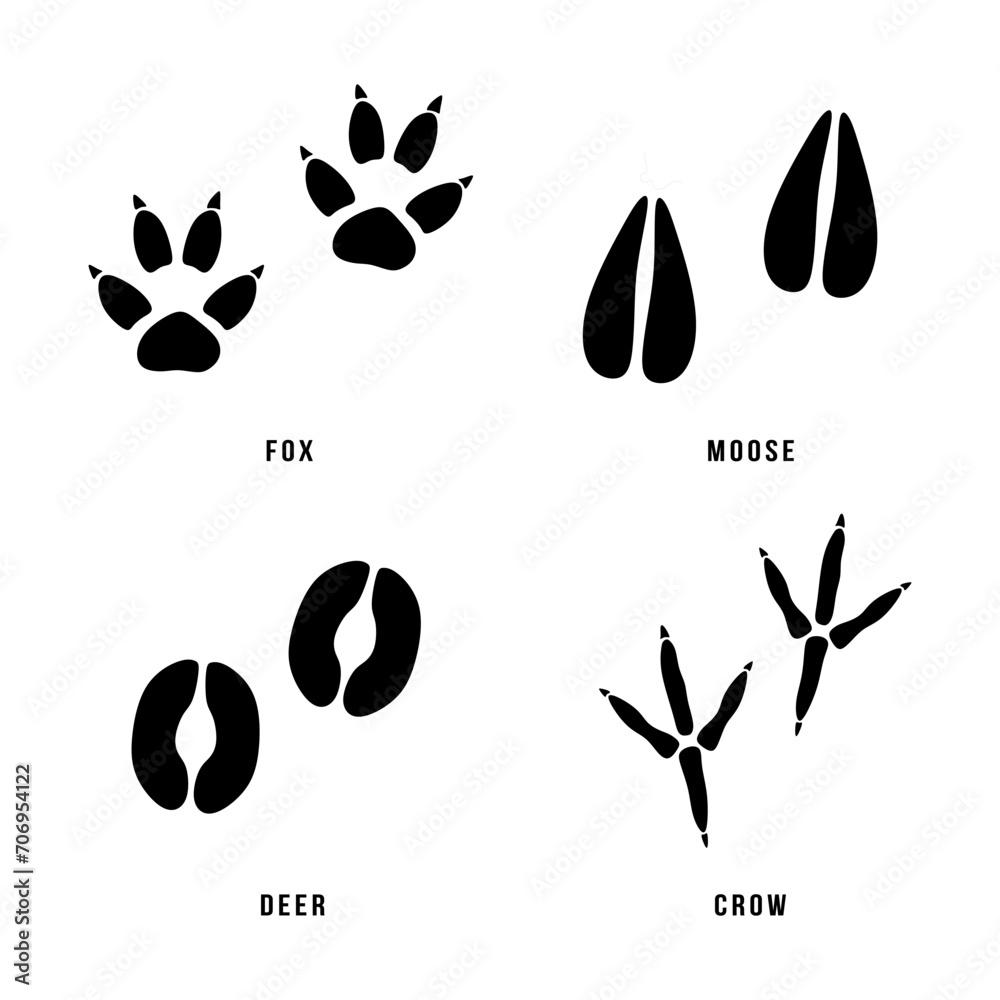 Set of animal footprints. Black silhouettes of paws animal feet or ...