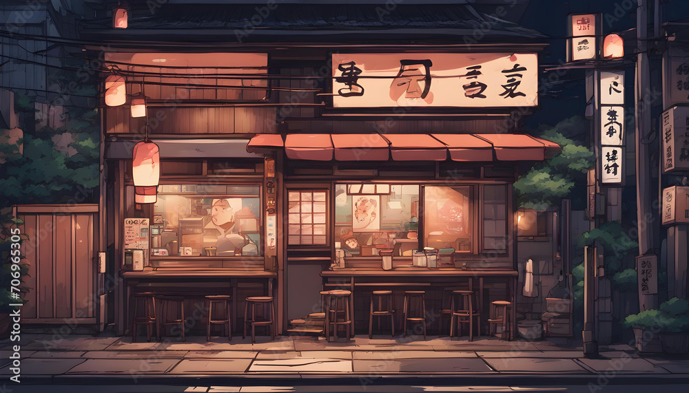 a beautiful japanese tokyo city ramen shop restaurant bar in the dark ...