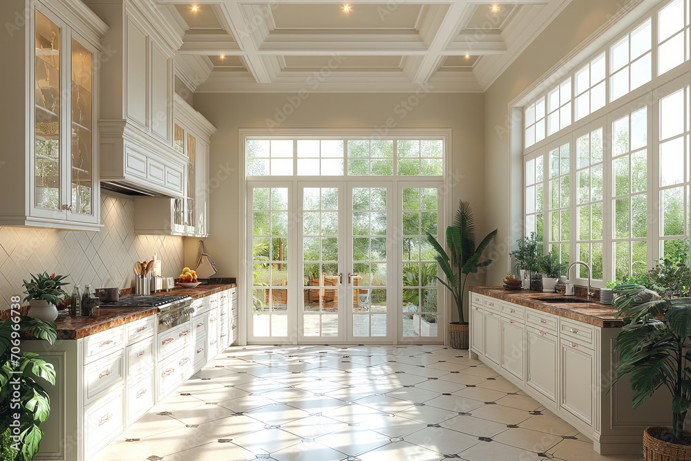 Design of modern kitchen with large windows in light shades of colors ...