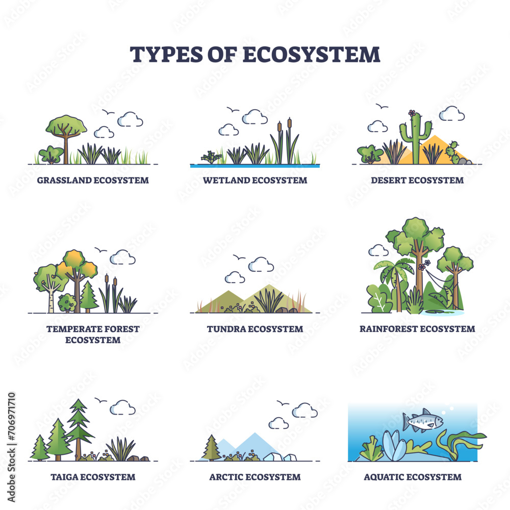 Types of ecosystem with various climate habitats outline collection set ...