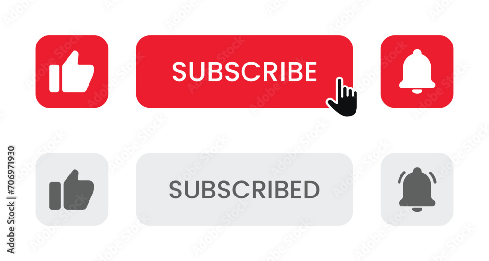 Engagement Icons Set - Subscribe, Subscribed Button, Hand Gesture, Bell ...