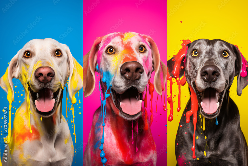 Several photos with dogs in four different colors, in the style of ...