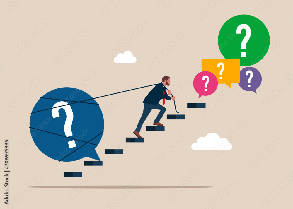 Businessman pulling heavy question mark sign in speech bubble up stair ...